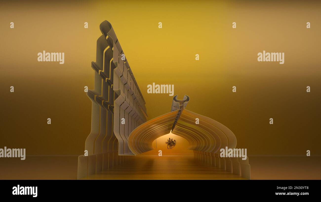 A 3D Illustrated architecture of a mosque. The Arabic letters ...