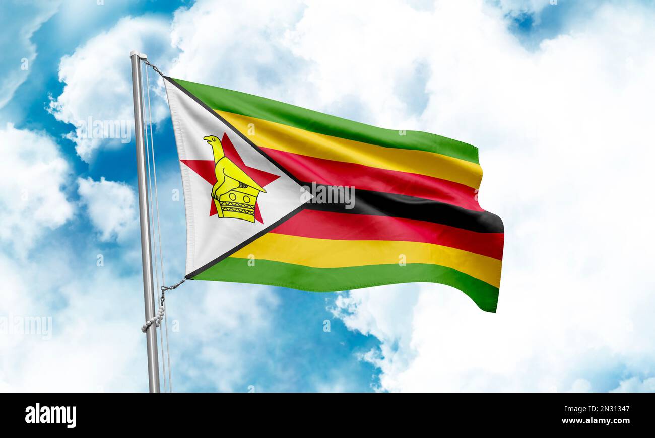 Zimbabwe flag waving on sky background. 3D Rendering Stock Photo - Alamy
