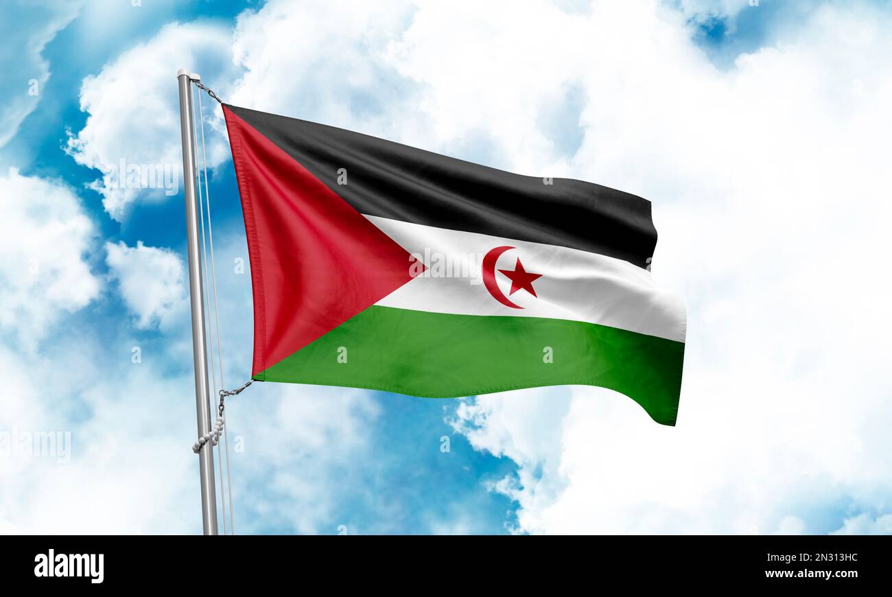 Western Sahara flag waving on sky background. 3D Rendering Stock Photo ...