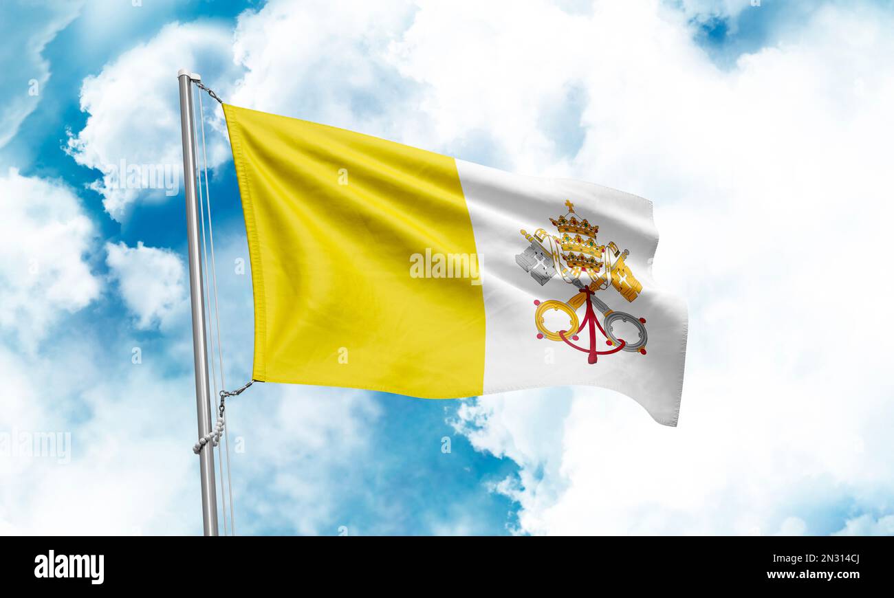 Vatican City Holy See flag waving on sky background. 3D Rendering Stock ...