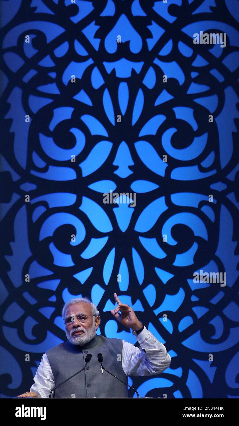 Indian Prime Minister Narendra Modi speaks during an event in Mumbai ...