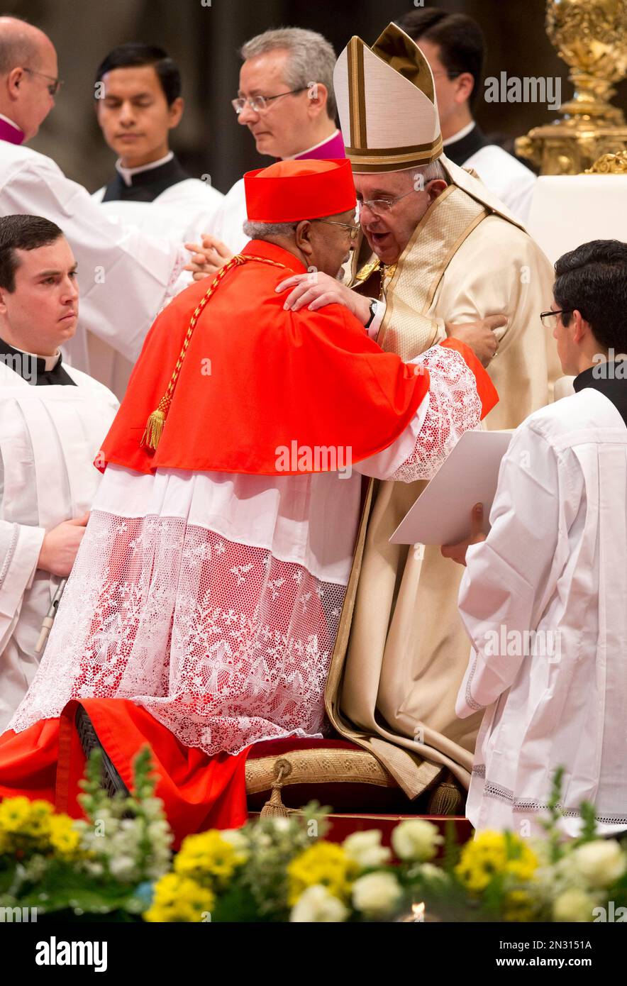 Newly elected Cardinal Berhaneyesus Demerew Souraphiel is hugged by ...