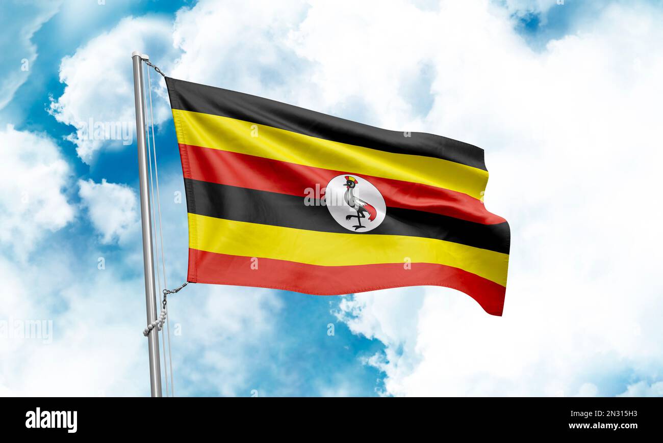 Uganda flag waving on sky background. 3D Rendering Stock Photo - Alamy