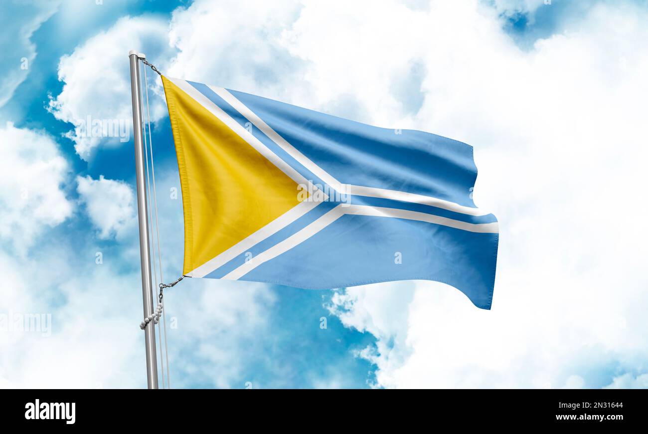 Tuva flag waving on sky background. 3D Rendering Stock Photo - Alamy