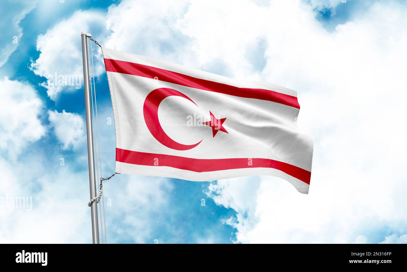 Turkish Republic of Northern Cyprus flag waving on sky background. 3D ...