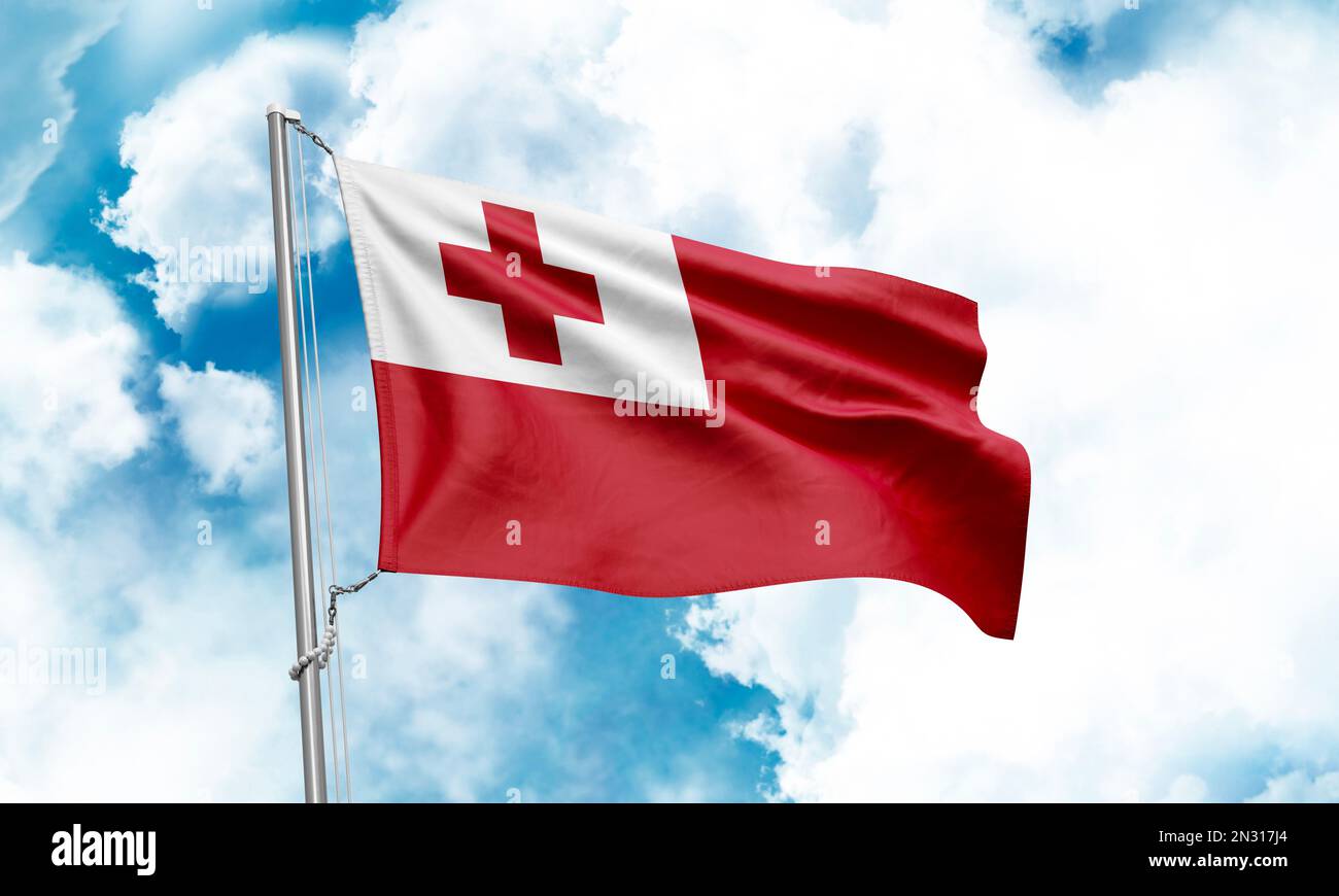 Tonga flag waving on sky background. 3D Rendering Stock Photo - Alamy