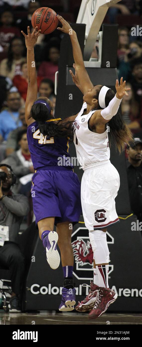 South Carolina center Alaina Coates blocks a shot by LSU forward Sheila ...