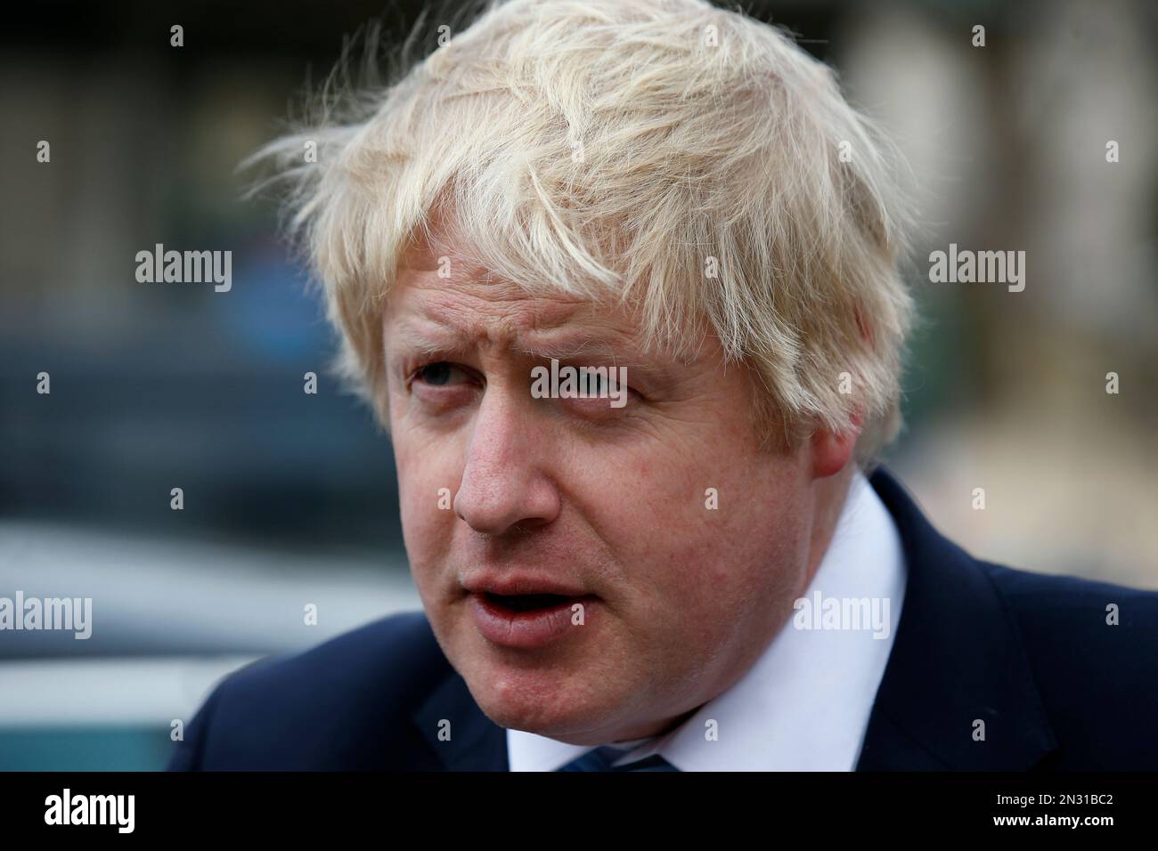 London Mayor Boris Johnson speaks with the media before a visit to the ...