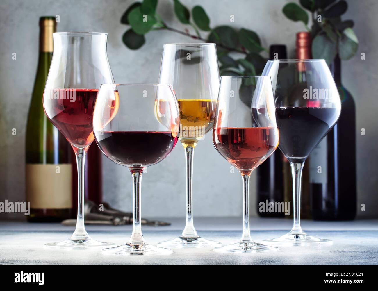 Wine glasses ans bottles assortment. Red, white, rose wines on gray ...