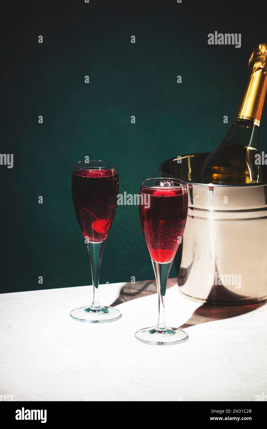 Kir Royale alcoholic cocktail with blackcurrant liqueur, prosecco and ...