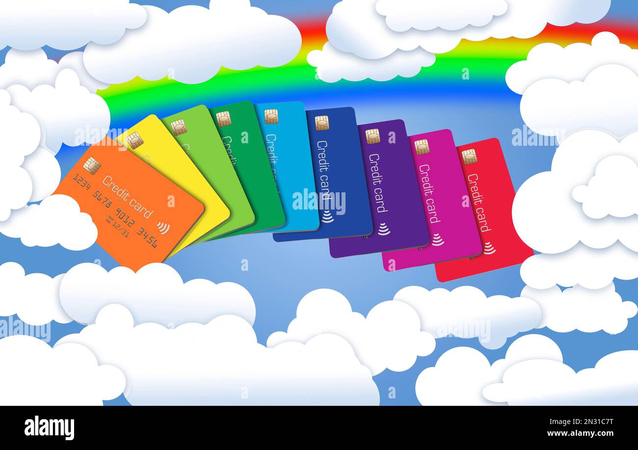 White fluffy clouds surround an opening that reveals a rainbow of ...