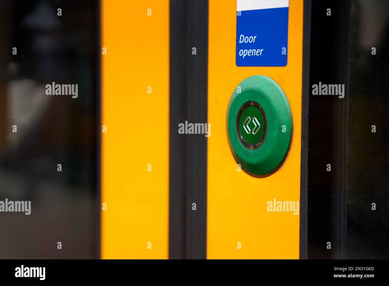 A close-up of an external button for opening doors in a tram Stock ...