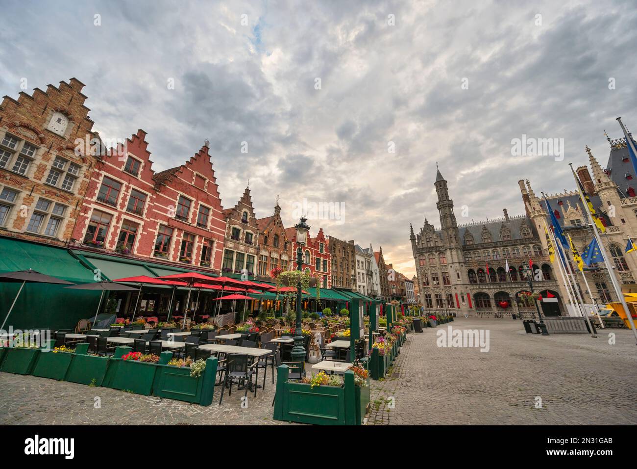 Bruges Belgium, city skyline at Grote Markt Market Square Stock Photo ...