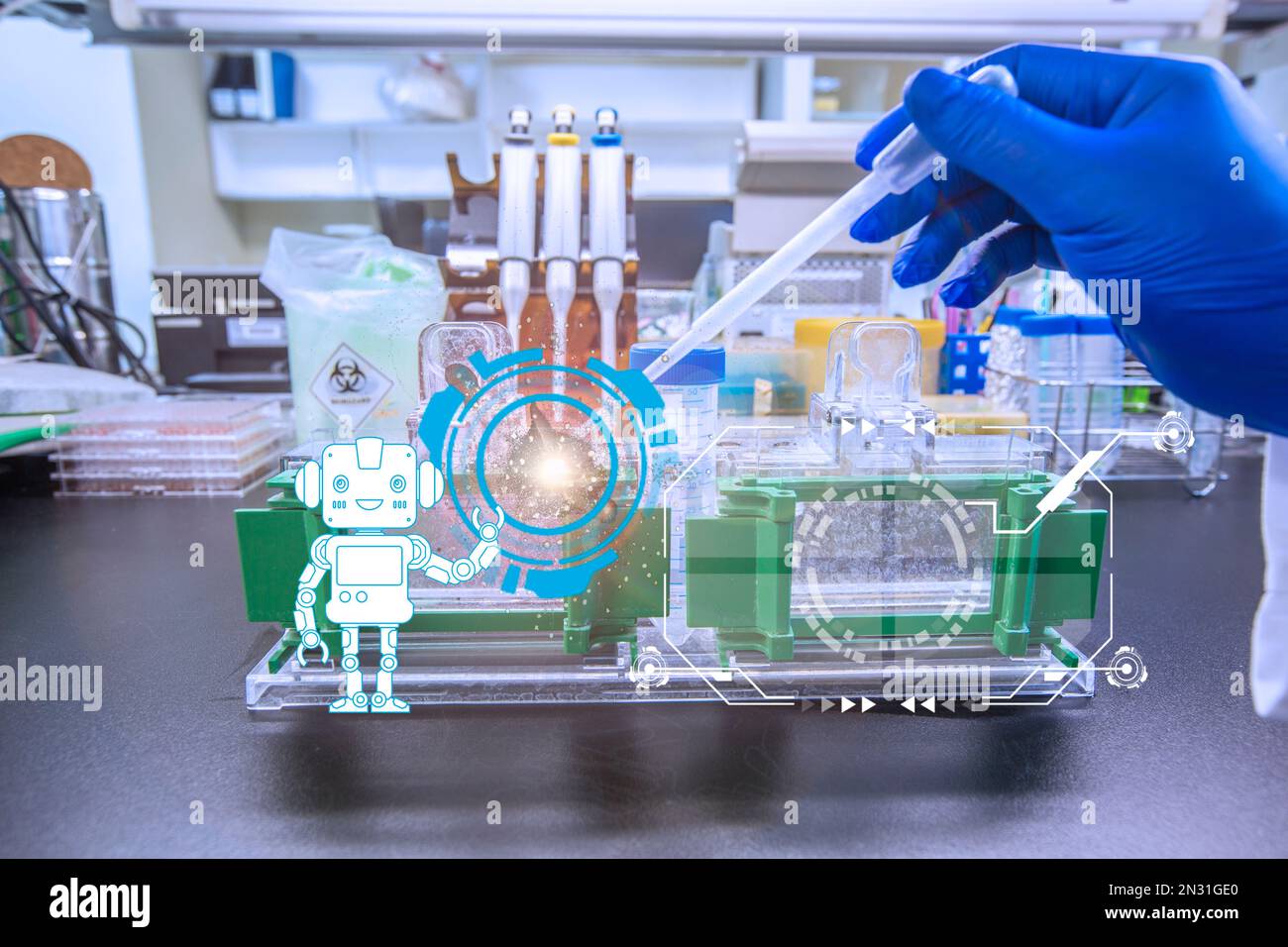A researcher is using modern robot chat in modern laboratory. The new ...