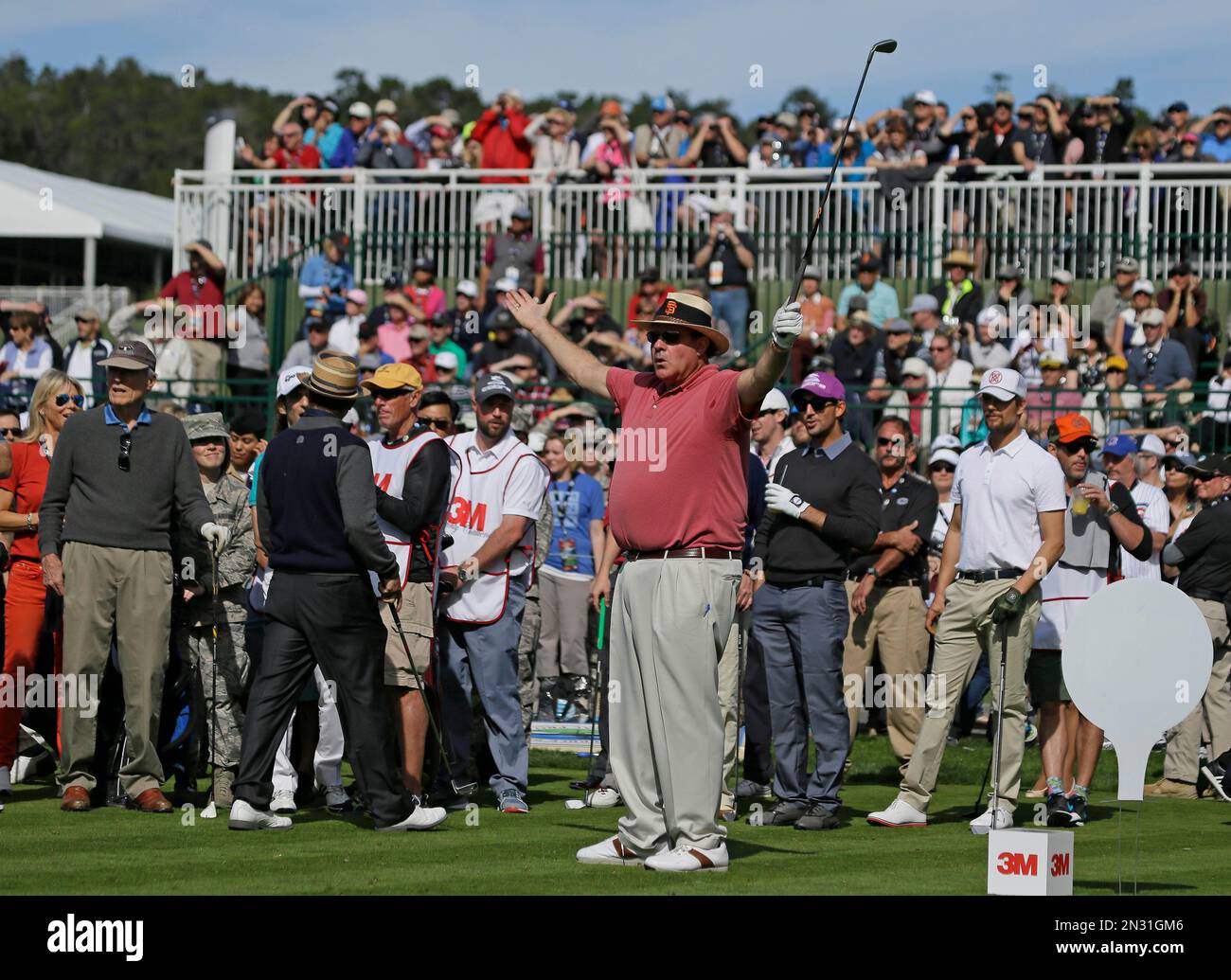 Sportscaster Chris Berman reacts after hitting from the 17th tee of the ...