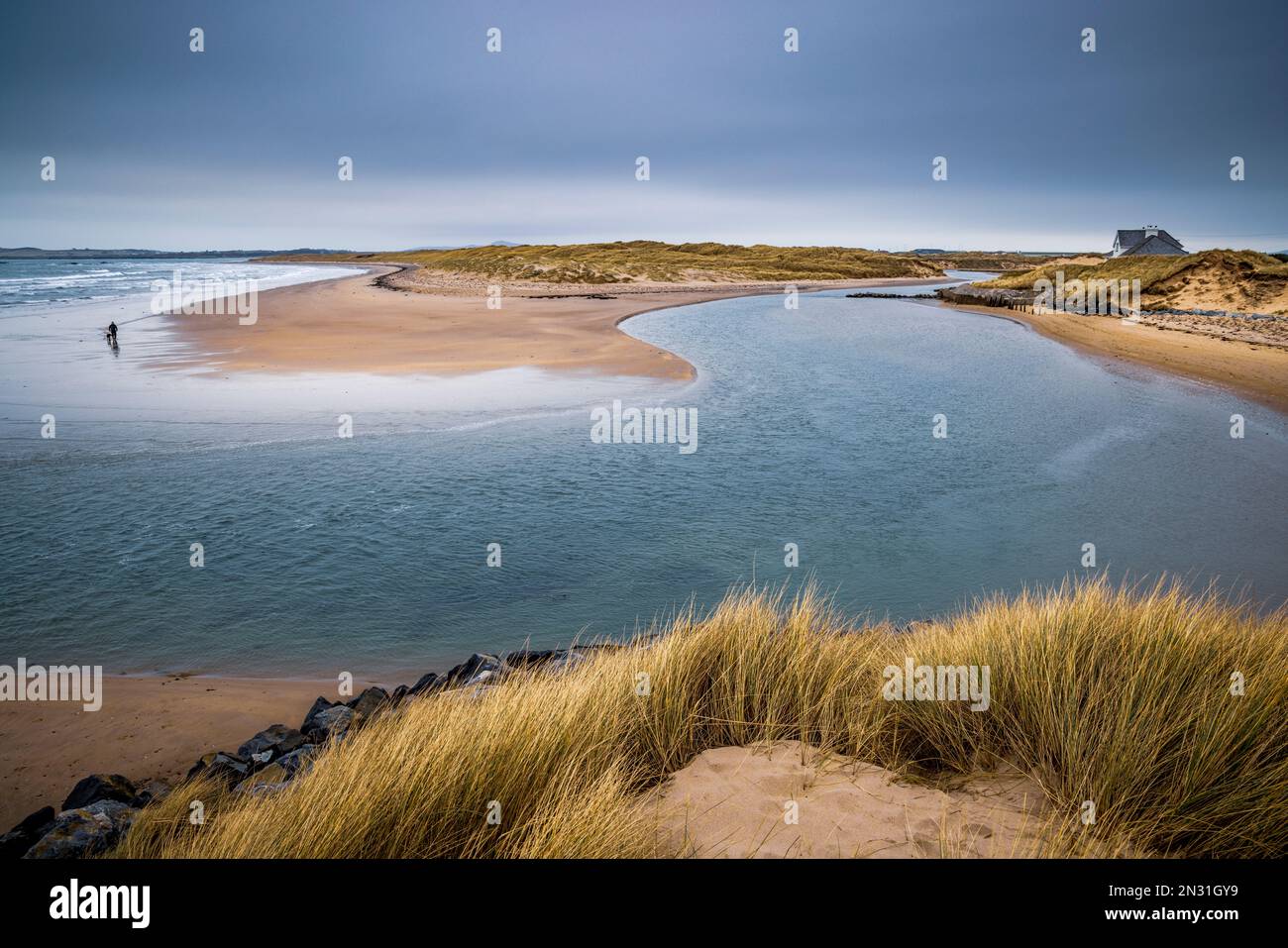 Afon Crigyll and Traeth Crigyll from the sand dunes of Rhosneigr on the ...