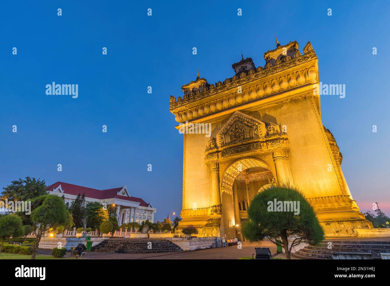 Vientiane Laos, night city skyline at Patuxai (Patuxay) the most famous ...
