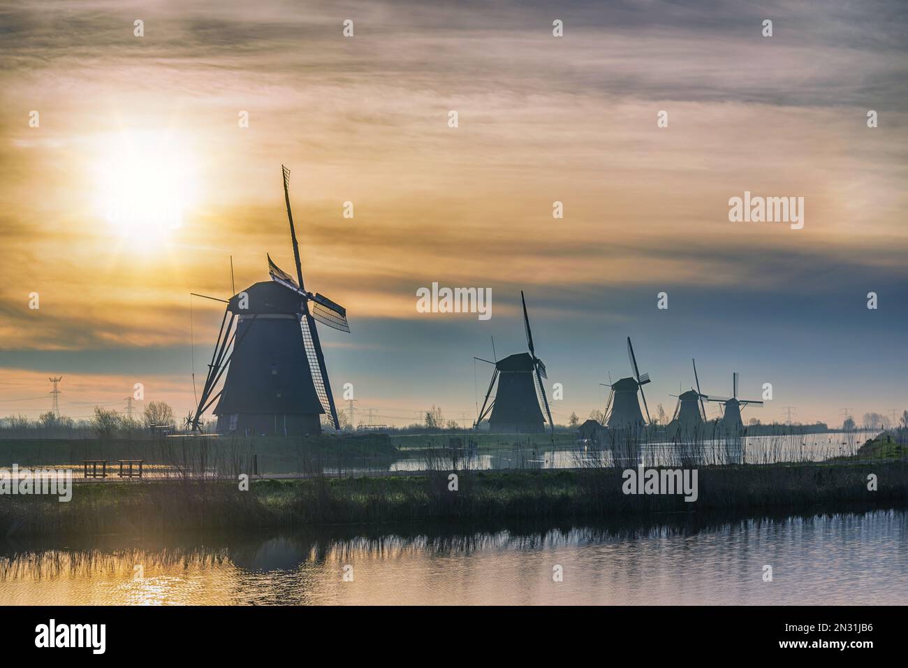 Rotterdam Netherlands, sunrise nature landscape of Dutch Windmill at ...