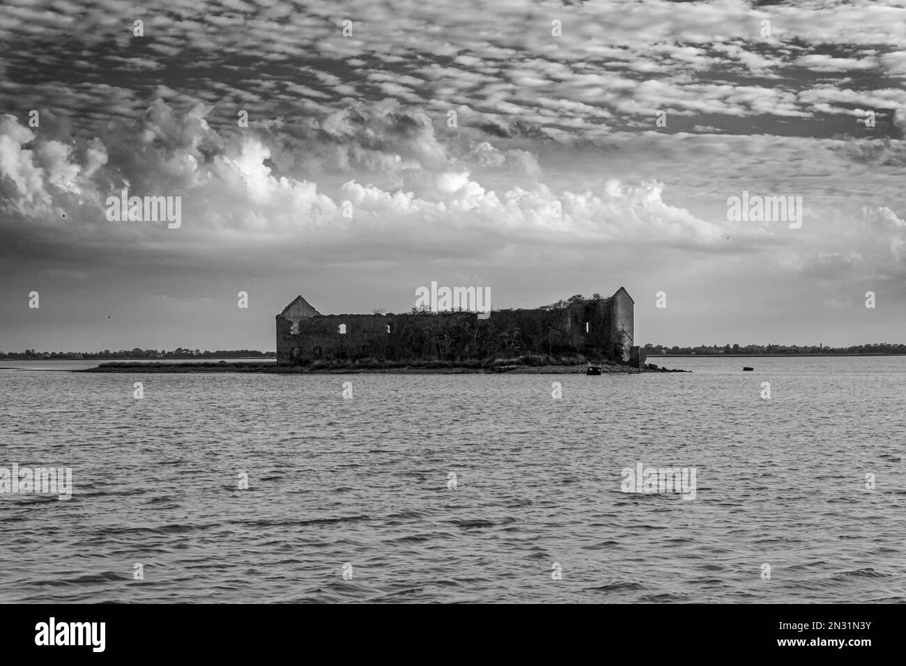 Old house Ruins in a Island over Strong Cloud Sky in the River Stock ...