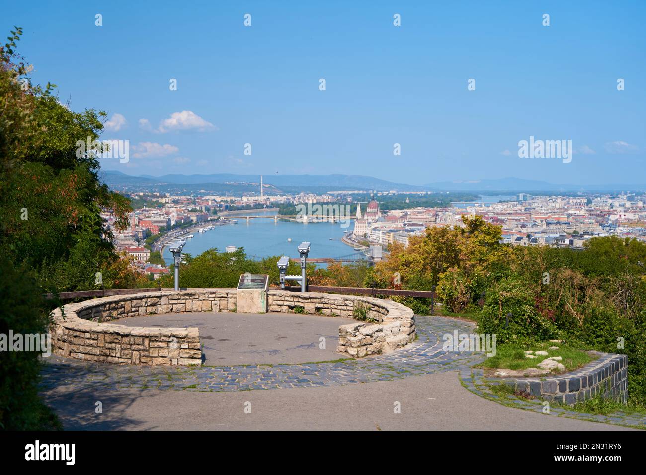 An observation deck in a city park overlooking the city in one of ...