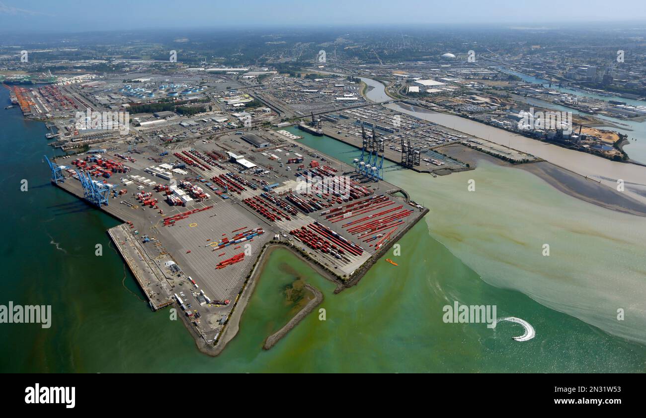 In this aerial photo taken July 17, 2014, cargo container facilities at ...
