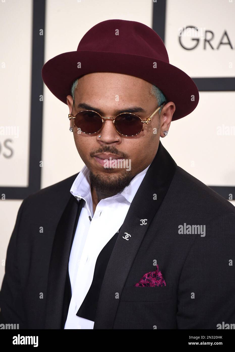 Chris Brown arrives at the 57th annual Grammy Awards at the Staples ...