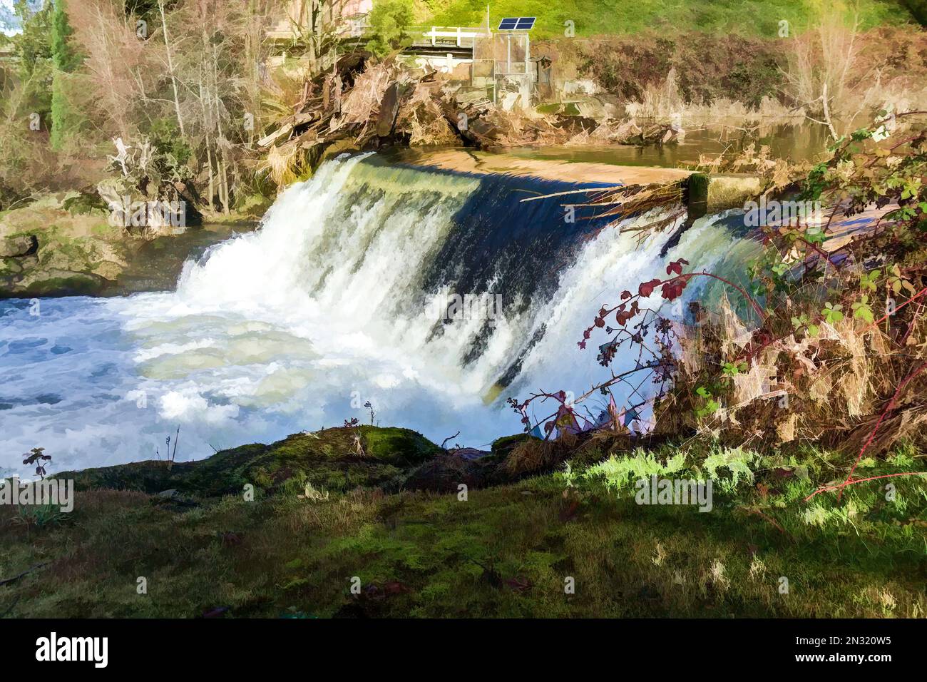 A view of Brewery Park with one of the waterfalls of Tumwater Falls ...