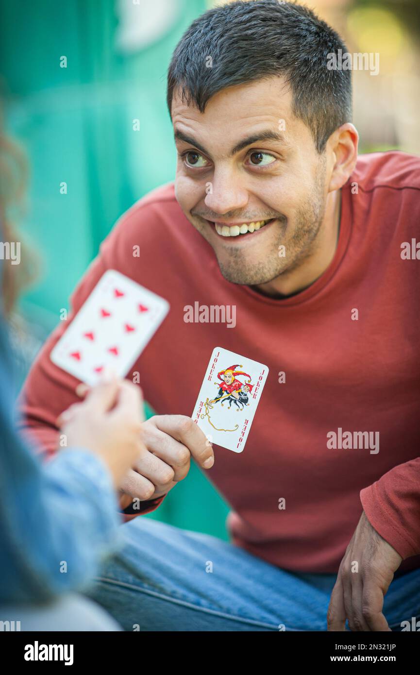 Facial expressions and emotions. Portrait of young man with crazy happy ...