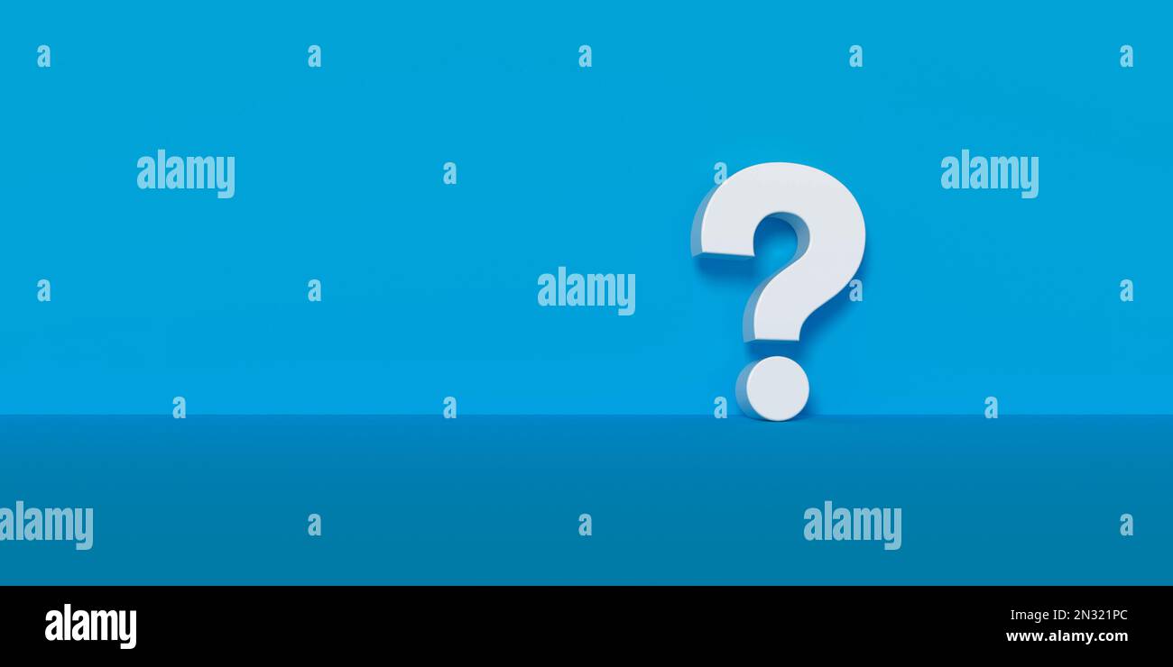 White question mark symbol on blue wall room with copy space, question, faq or brainstorming ...