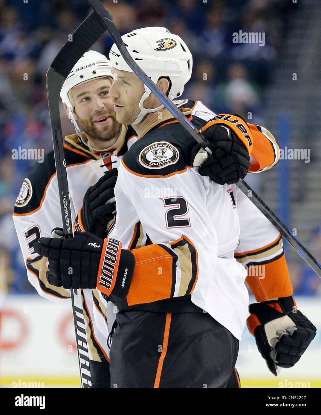 Anaheim Ducks defenseman Eric Brewer (2) celebrates his goal against ...