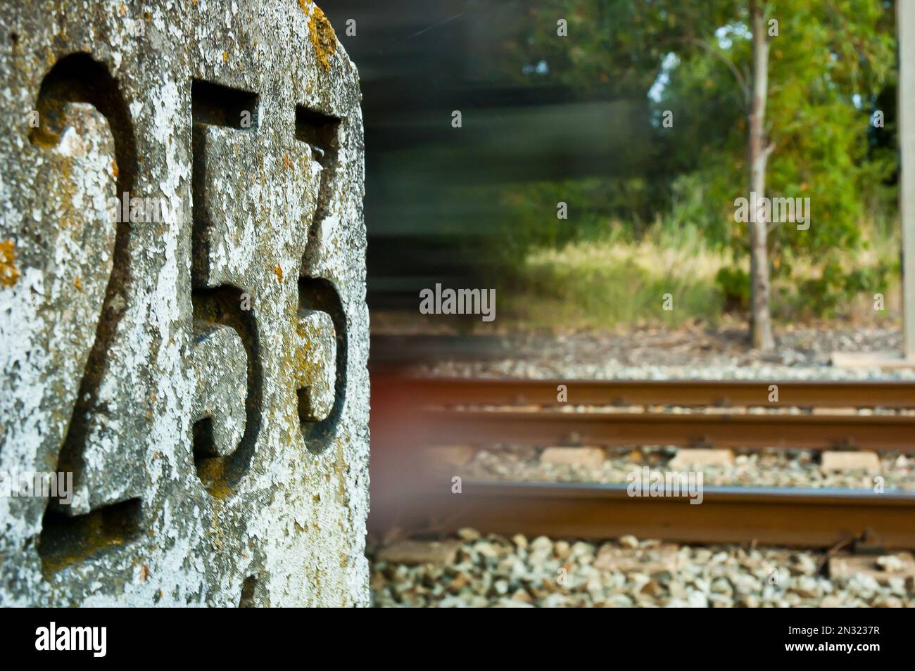 A close-up shot of a railway traffic sign with train in a fast movement ...