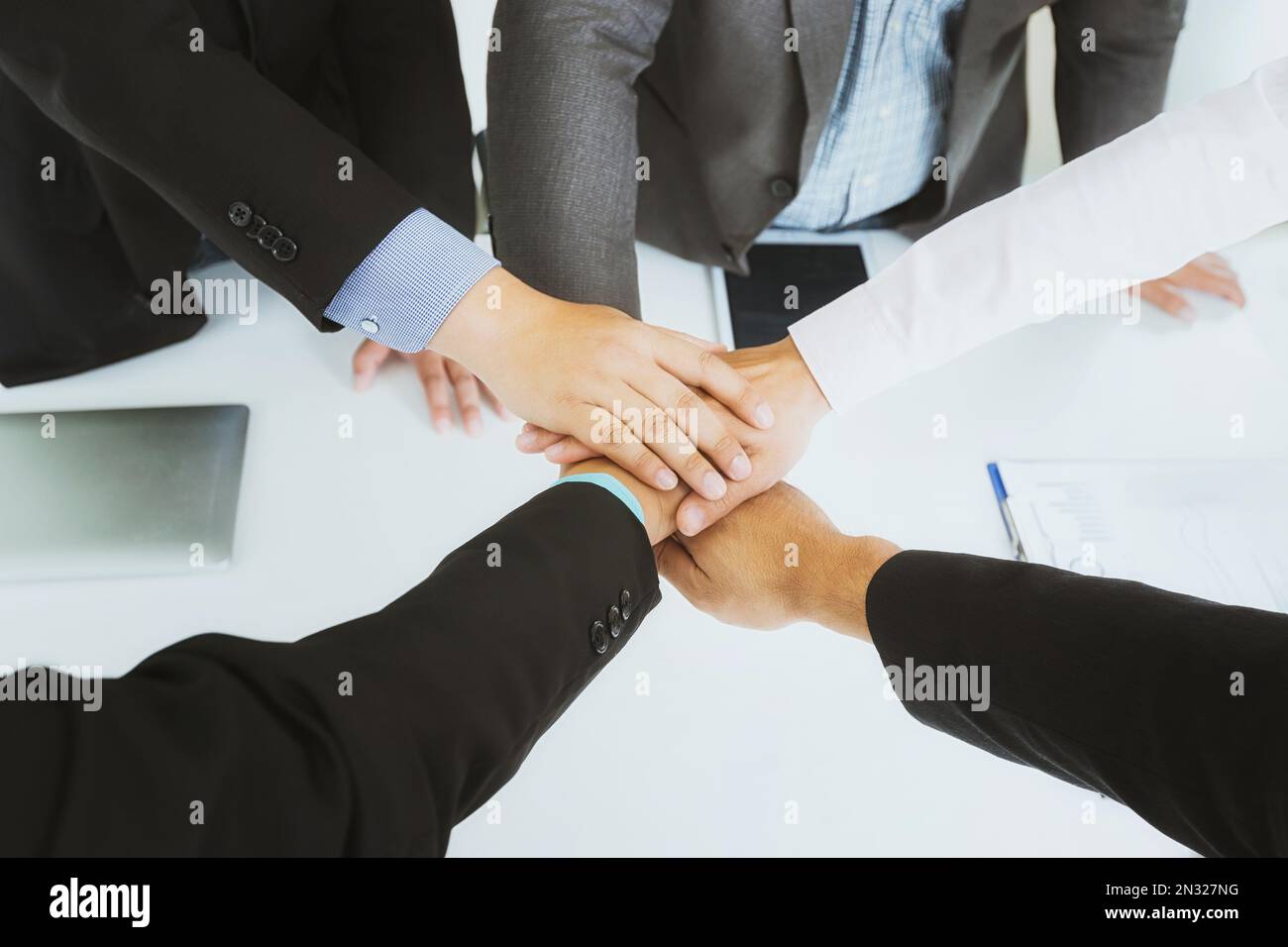 Concept of teamwork: Top view of hands business team showing unity with ...