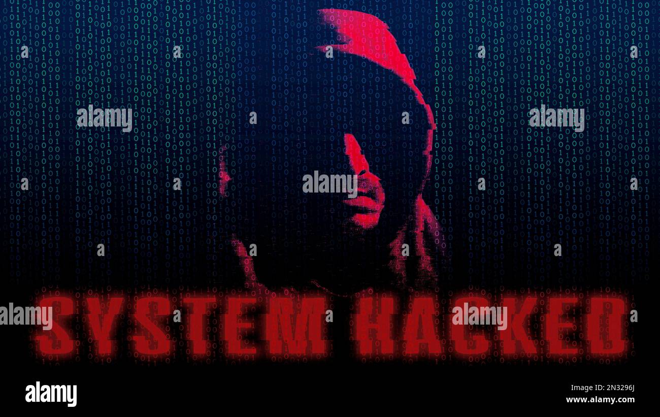 Hooded man with his face in shadows on dark background with binary code ...