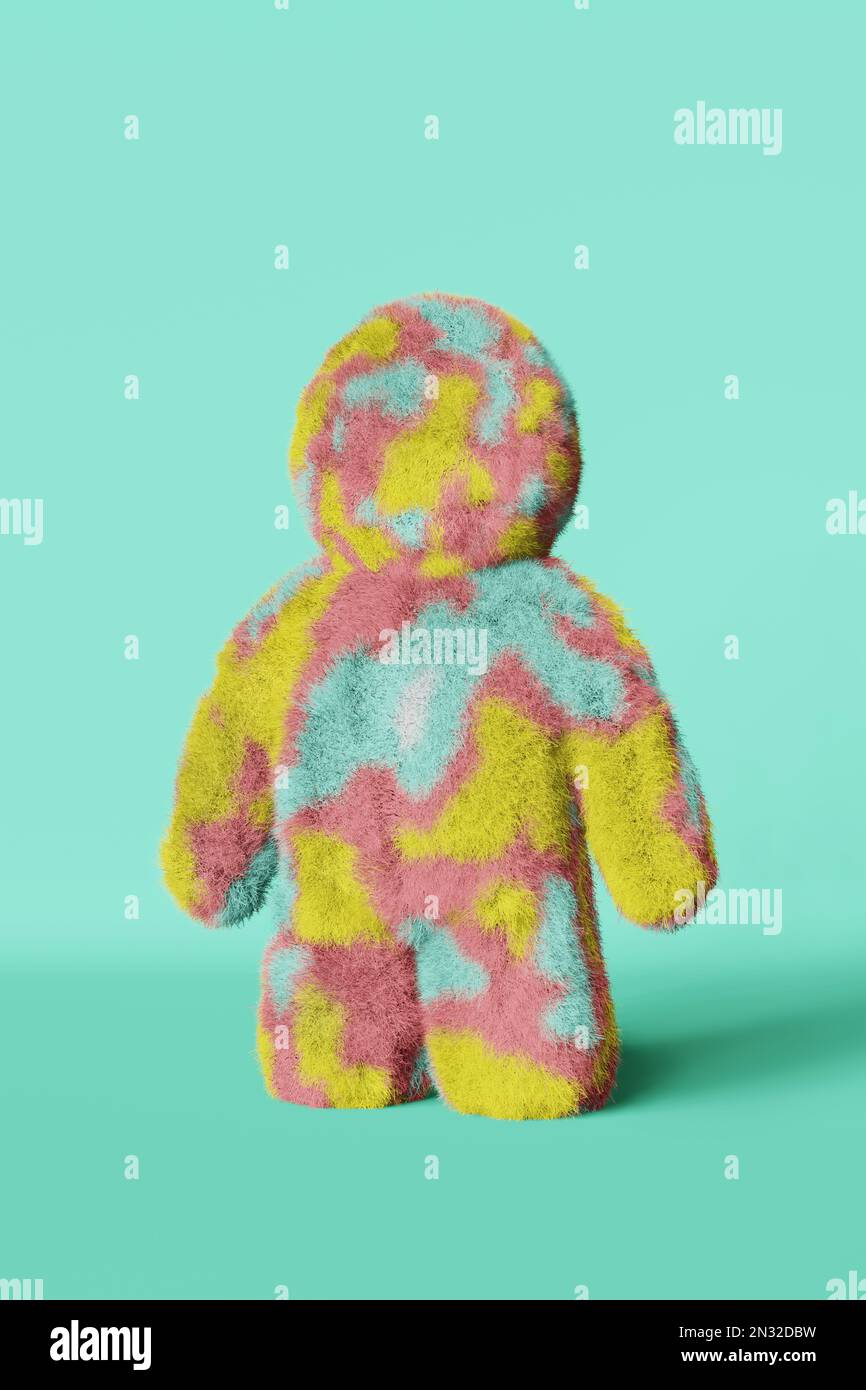 Cute plush rainbow Yeti 3d rendering hairy cartoon character stands ...