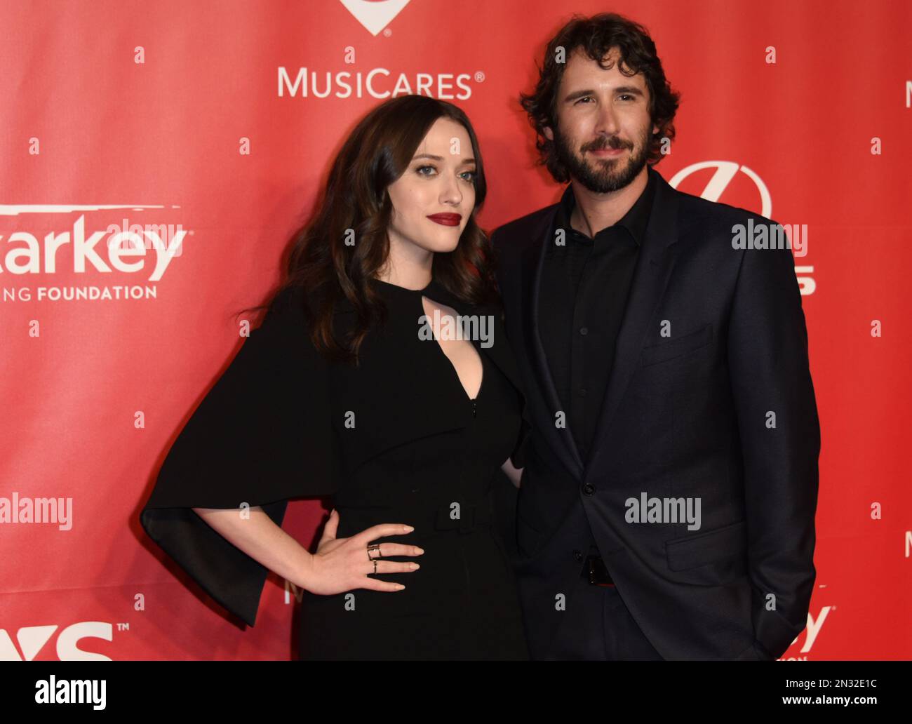 Kat Dennings, left, and Josh Groban arrive at the 2015 MusiCares Person ...