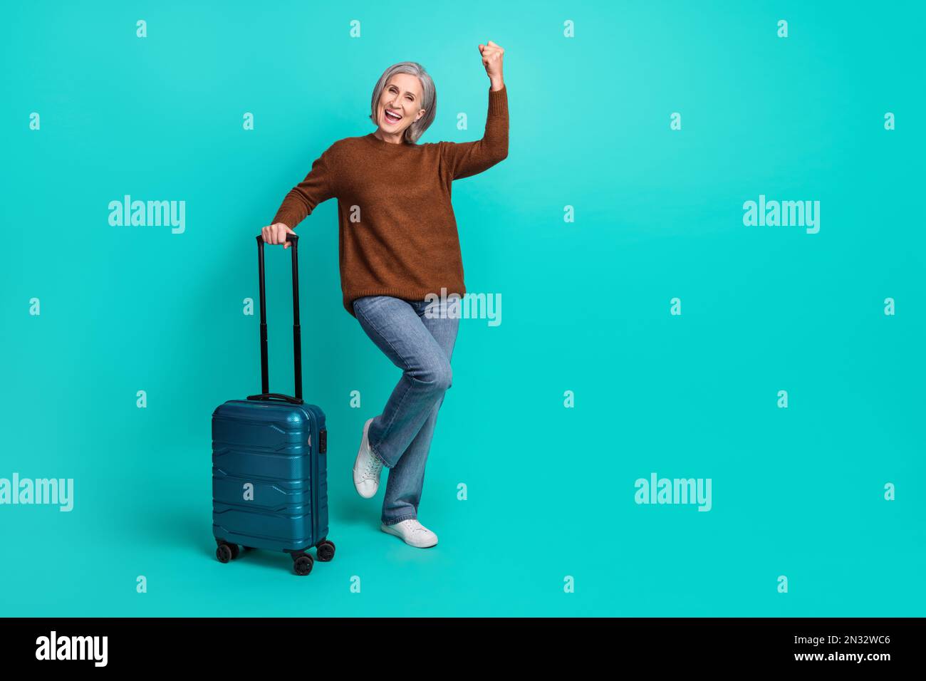Full body portrait of delighted crazy aged person raise fist celebrate ...