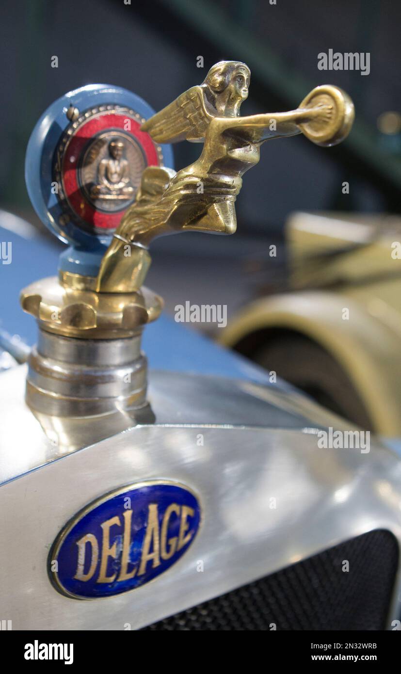 A radiator cap on the Delage Di Sport Speciale 1926 is photographed ...