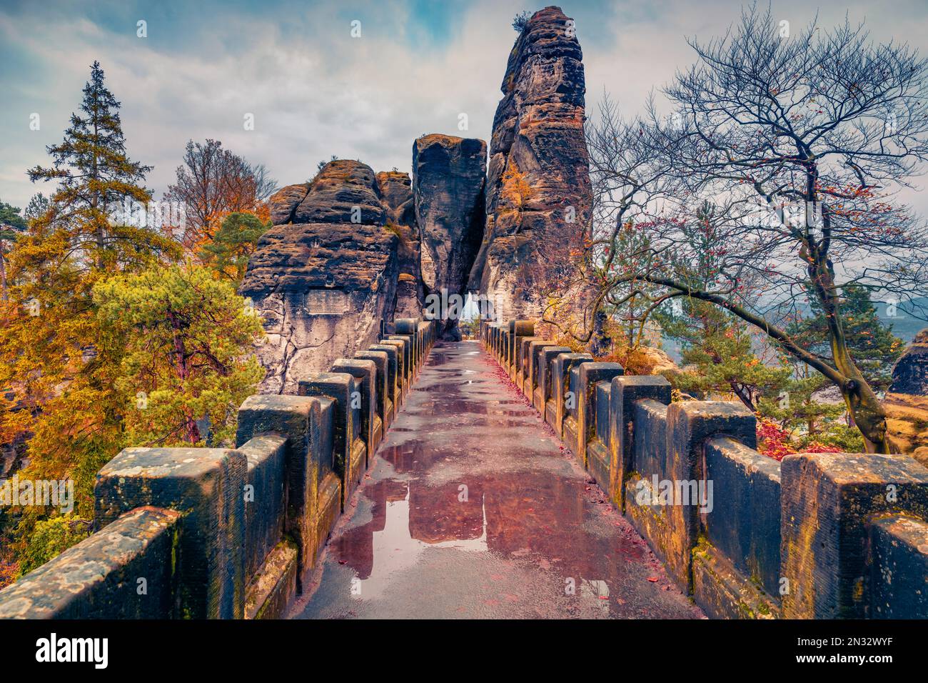 Beautiful autumn scenery. Calm morning view of empty Bastei bridge ...