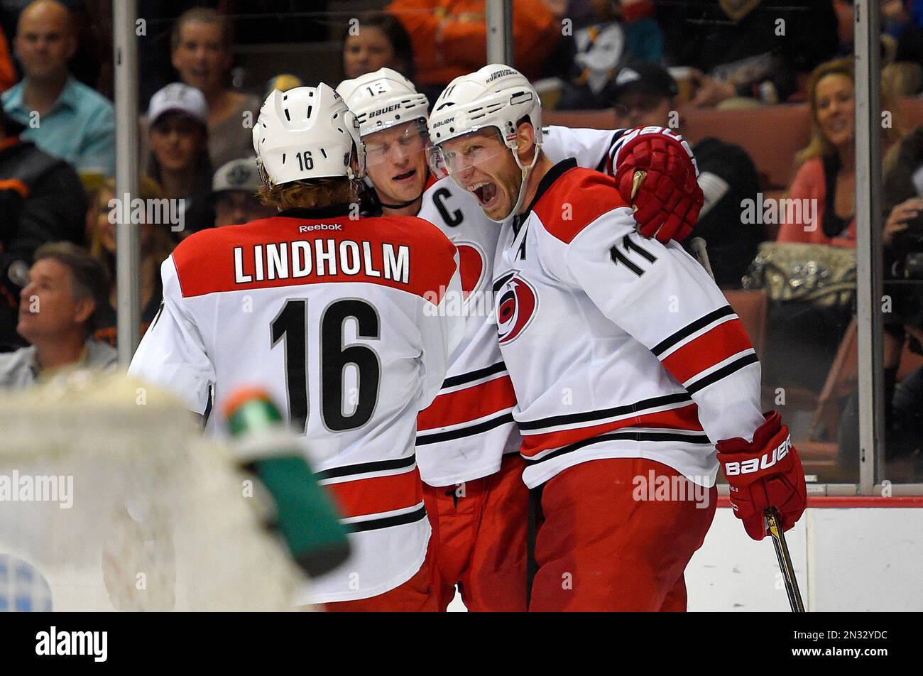 Carolina Hurricanes center Jordan Staal, right, celebrates his goal ...