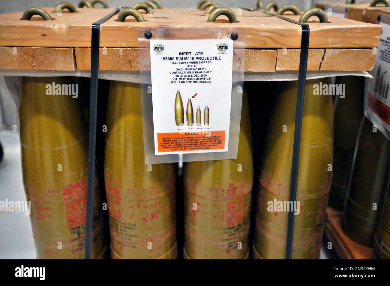 In this Jan. 29, 2015 photo, inert simulated 155mm chemical munitions ...