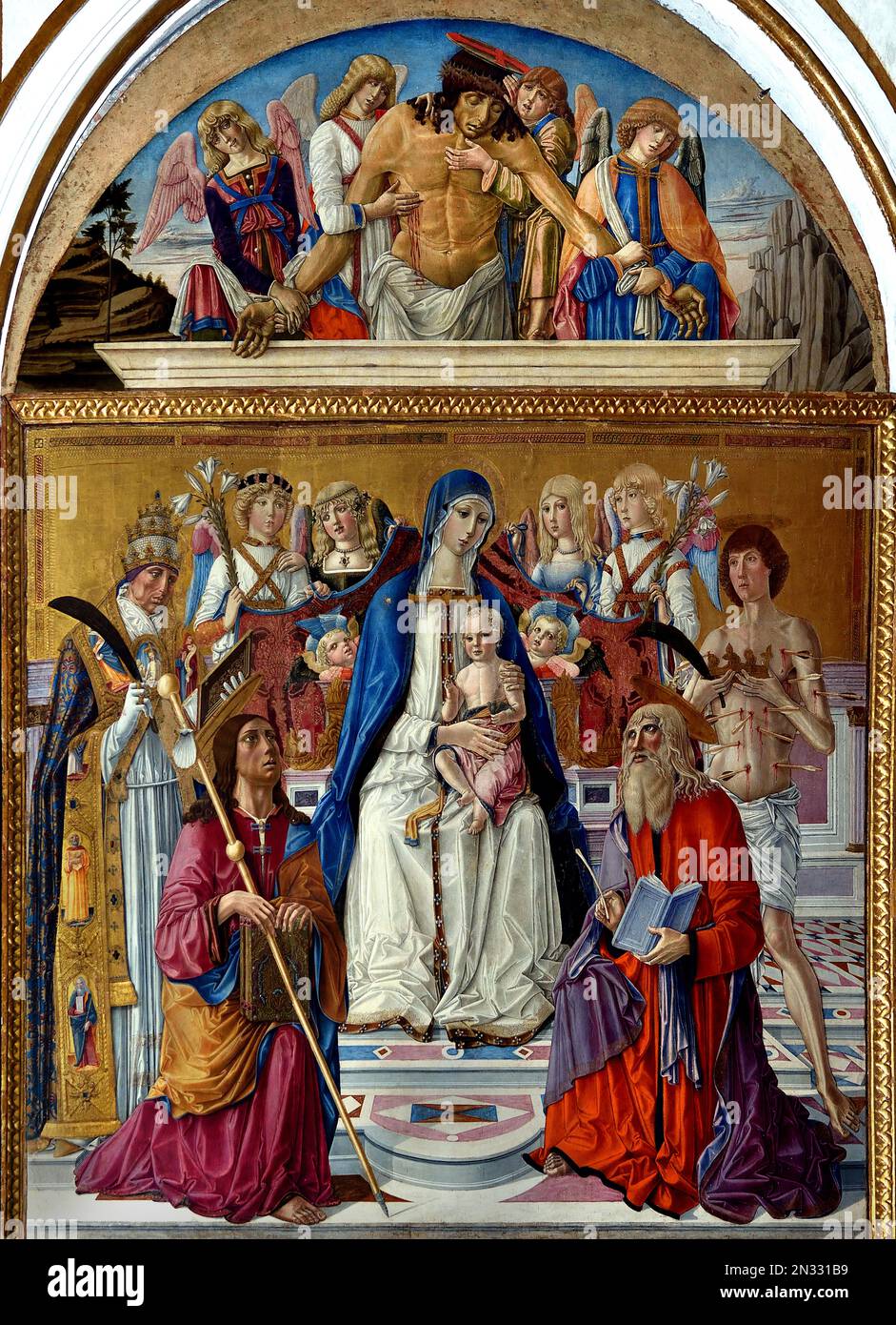 Virgin and Child Enthroned, with Saints and Angels (altarpiece with Dead Christ supported by ...