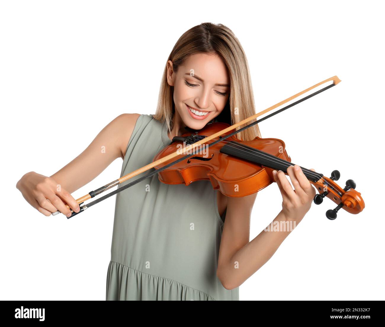 Beautiful woman playing violin on white background Stock Photo - Alamy
