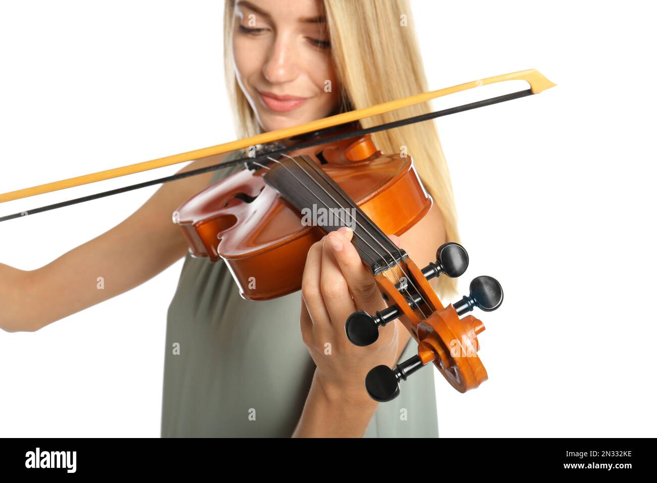 Beautiful woman playing violin on white background, closeup Stock Photo ...