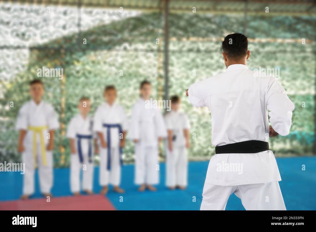 Children and coach during karate practice at outdoor gym Stock Photo ...