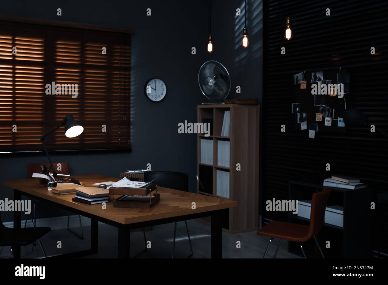Detective office interior with evidence board on wall Stock Photo - Alamy