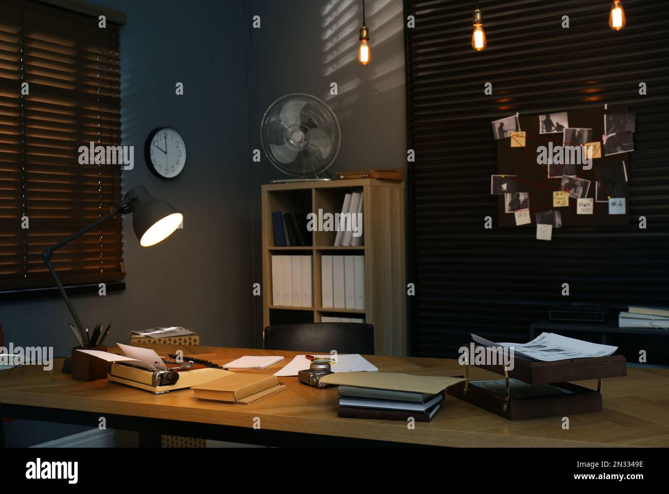 Detective office interior with evidence board on wall Stock Photo - Alamy