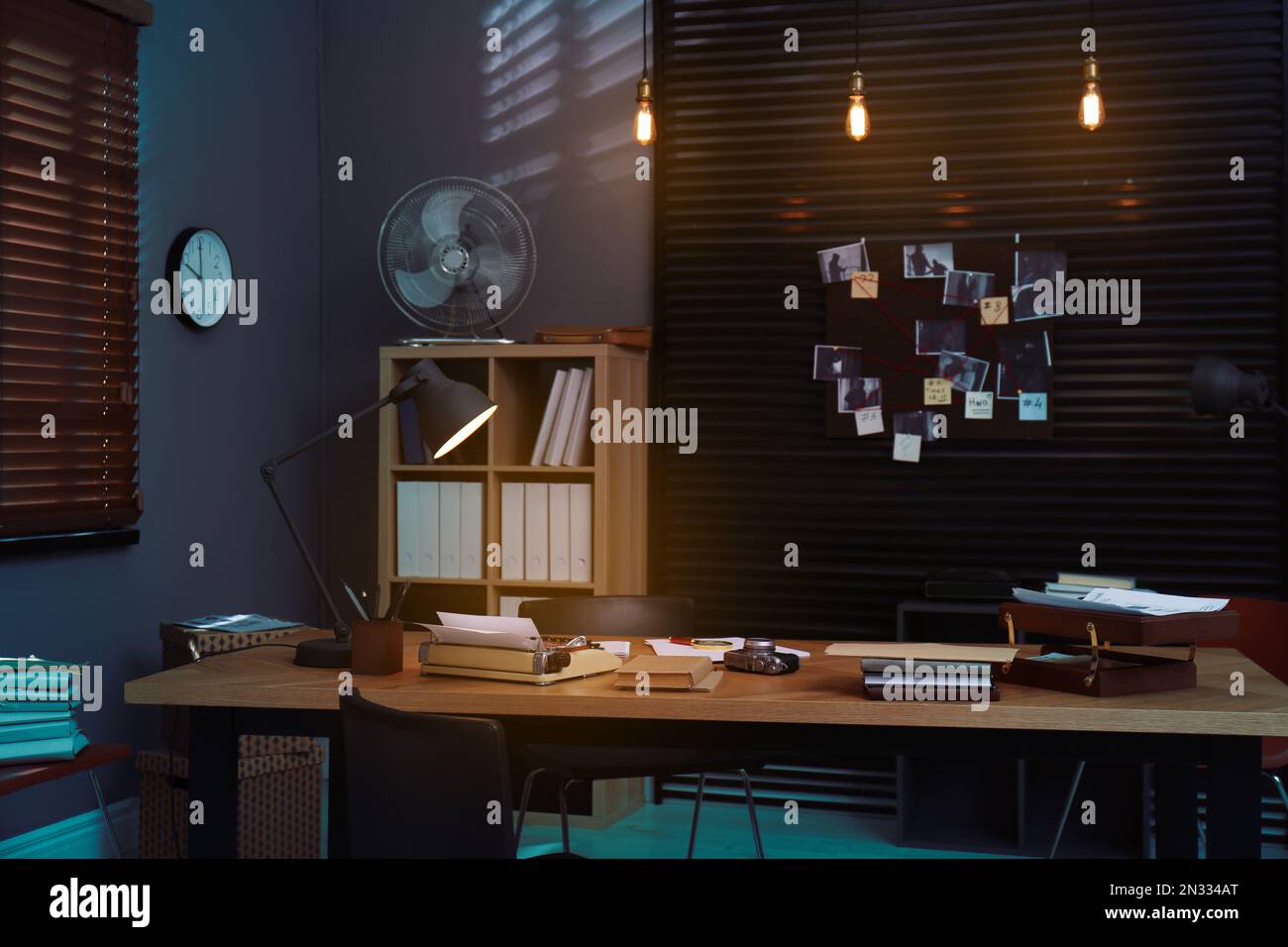 Detective office interior with evidence board on wall Stock Photo - Alamy