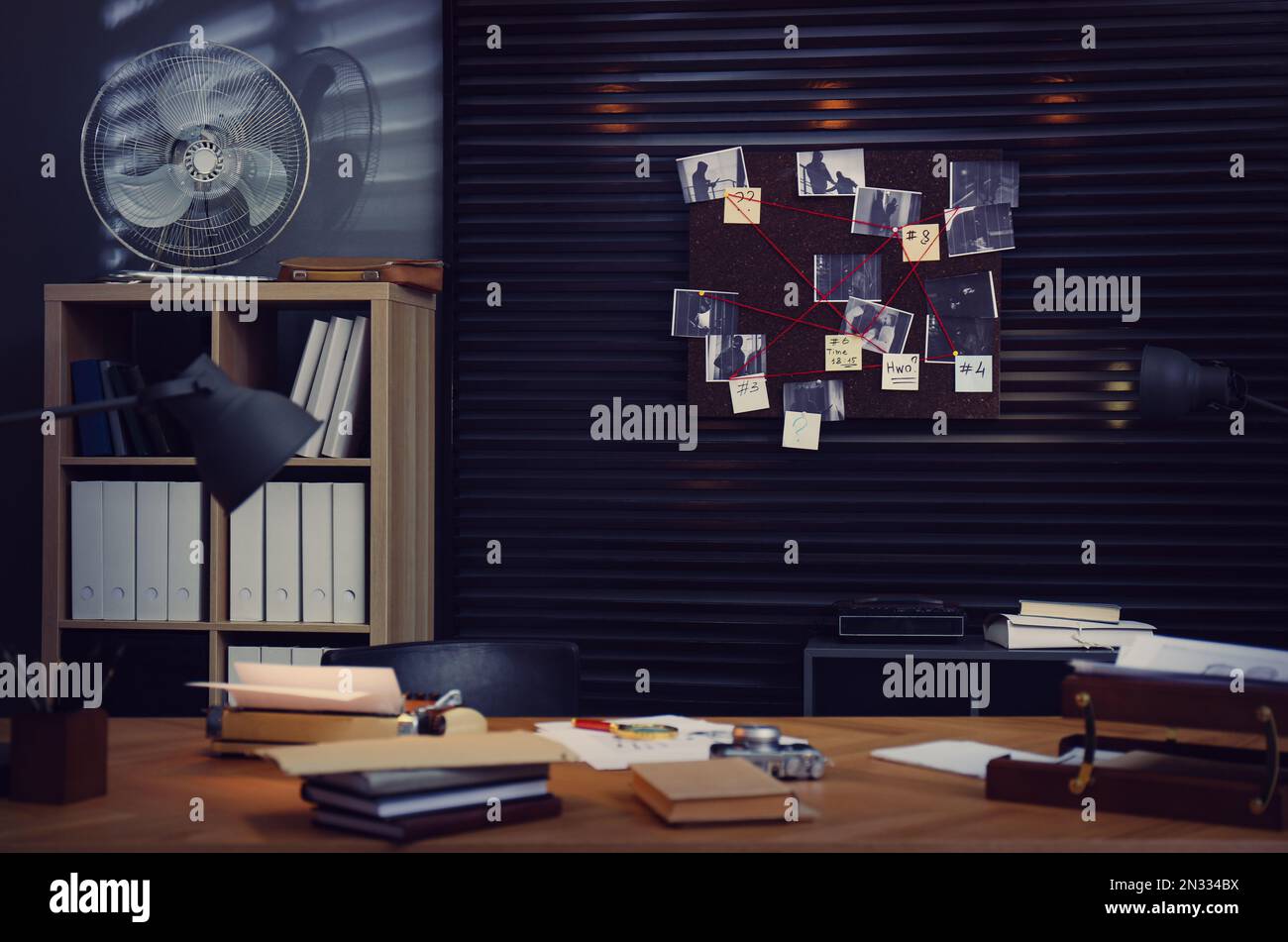 Detective office interior with evidence board on wall Stock Photo - Alamy