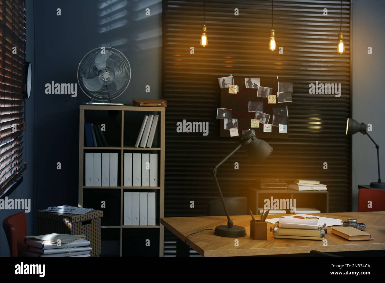 Detective office interior with evidence board on wall Stock Photo - Alamy
