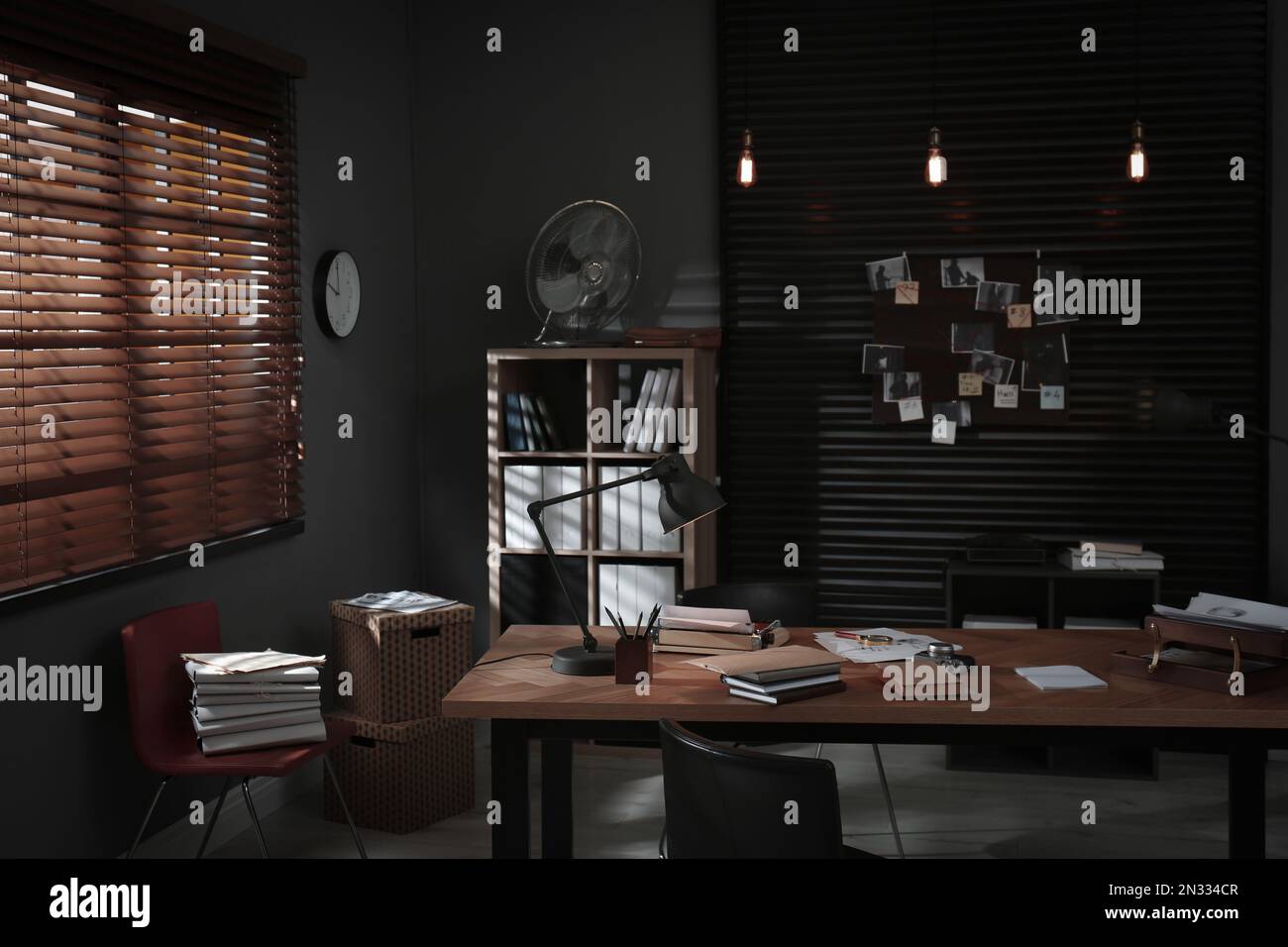 Detective office interior with evidence board on wall Stock Photo - Alamy